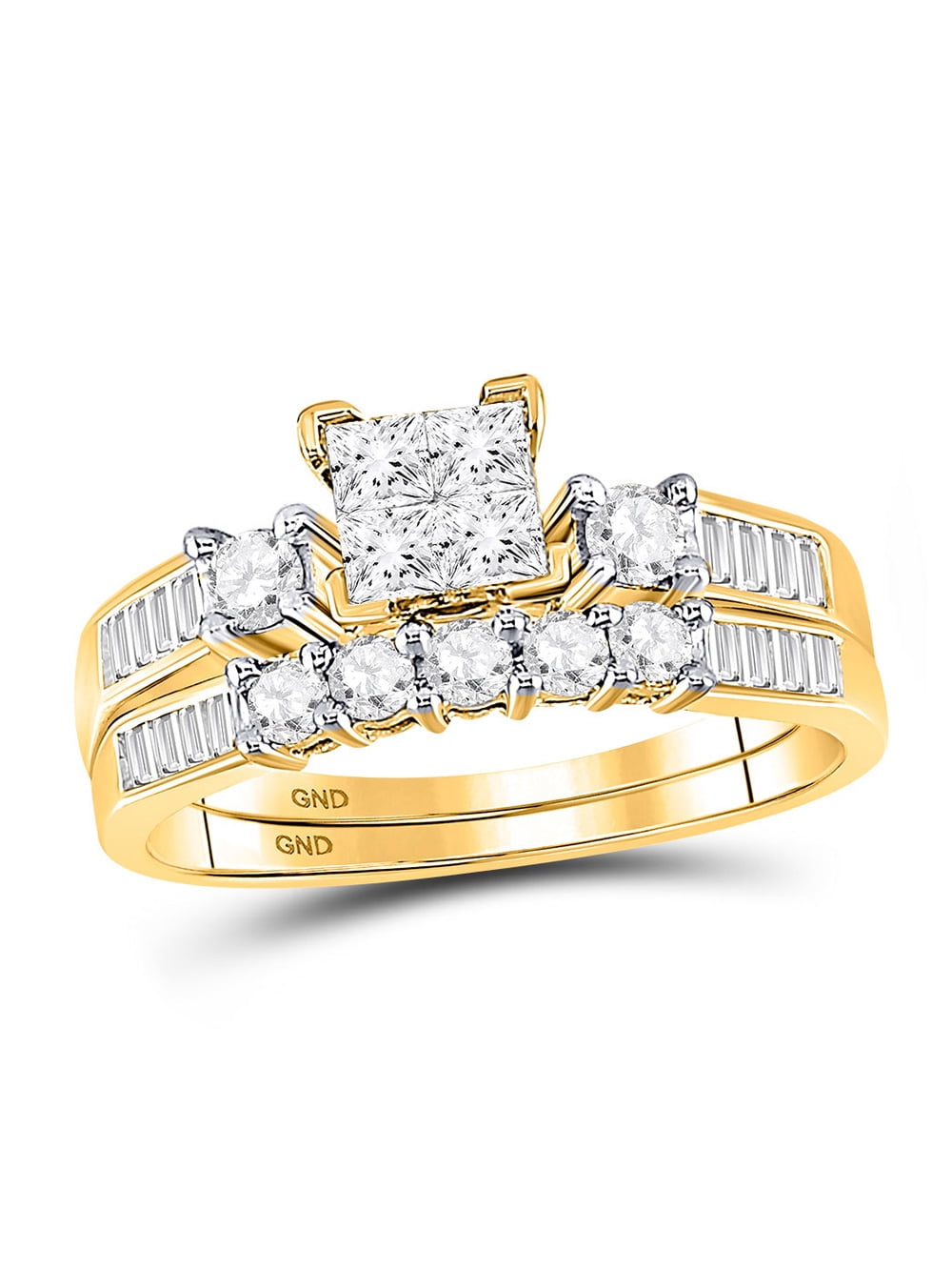 10kt Yellow Gold Princess Diamond Cluster Bridal Wedding Ring Band Set ...