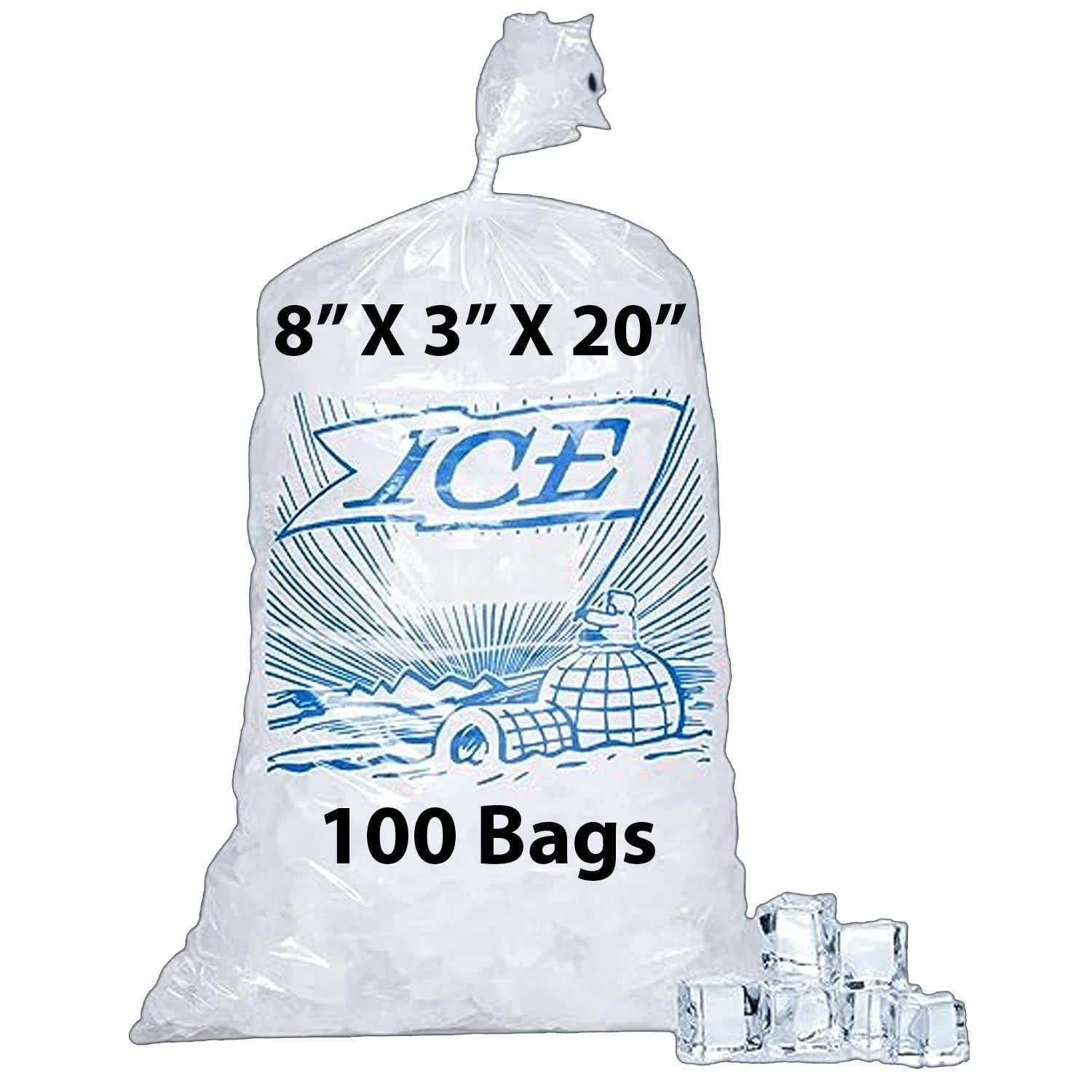 10lb Durable Printed Metallocene Ice Bag, 8"x3"x20" & (100 Bags) 1.2Mil ...