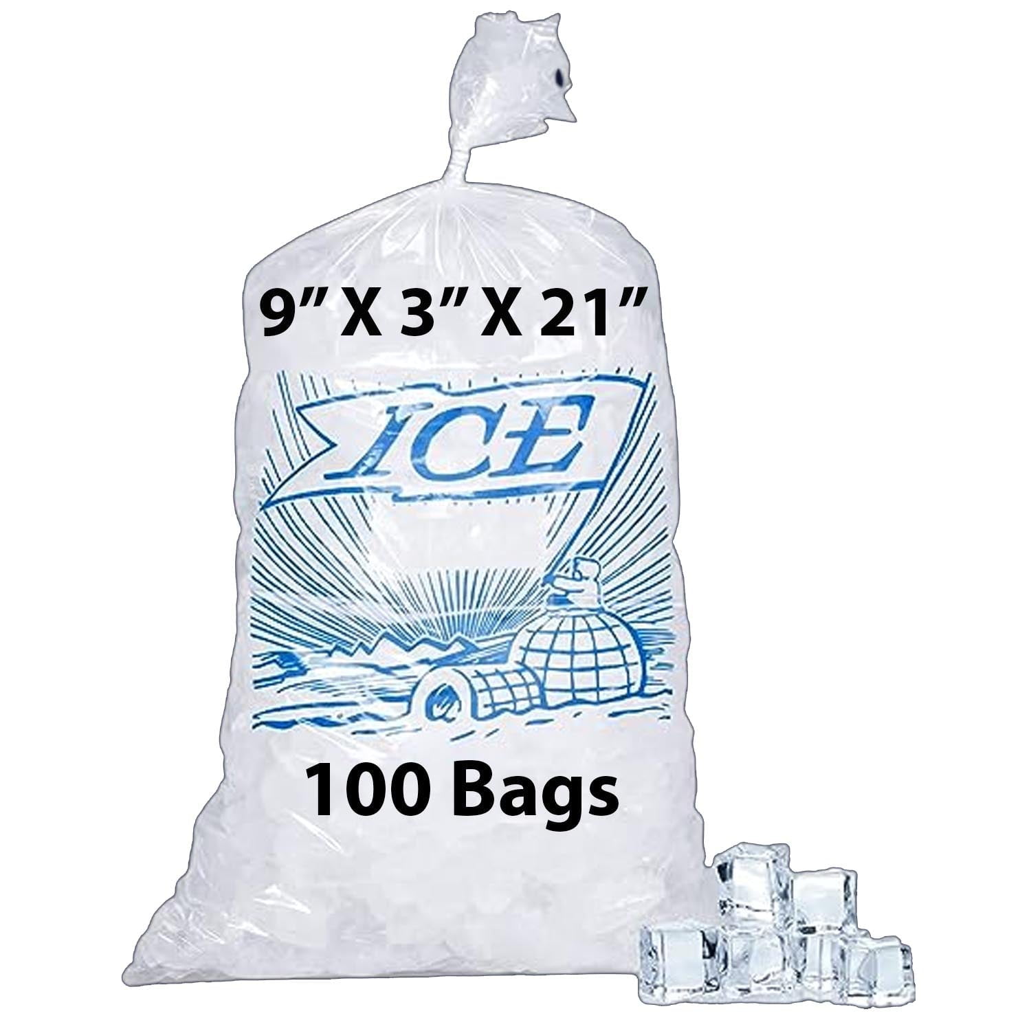 10lb Durable Printed Metallocene Ice Bag, 9"x3"x21" & (100 Bags) 1.2Mil ...