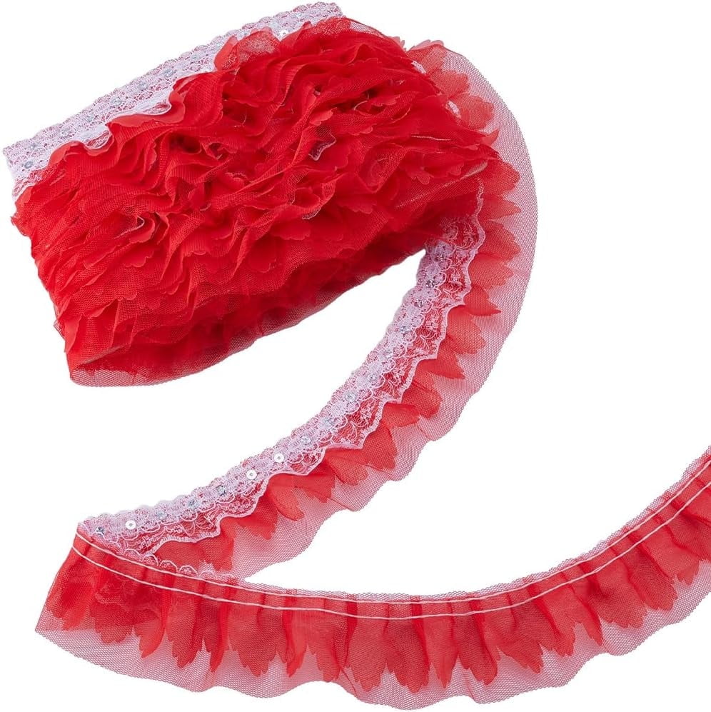 10m 50mm Wide Multi-Layer Pleated Chiffon Lace Trim Red Ruffled Tulle ...