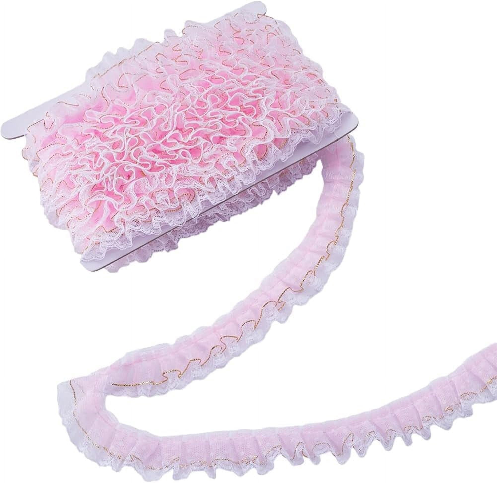10m Double-Layer Pleated Chiffon Lace Trim 35mm Wide 2-Layer Pink ...