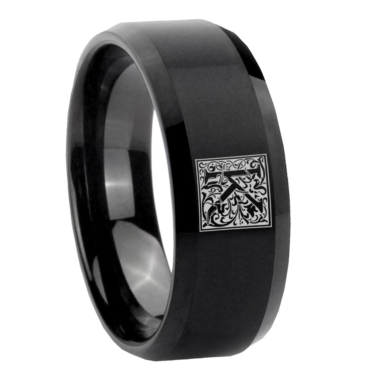 10mm Black Bevel Tungsten Floral Box Letter K Monogram Engraved Ring ...