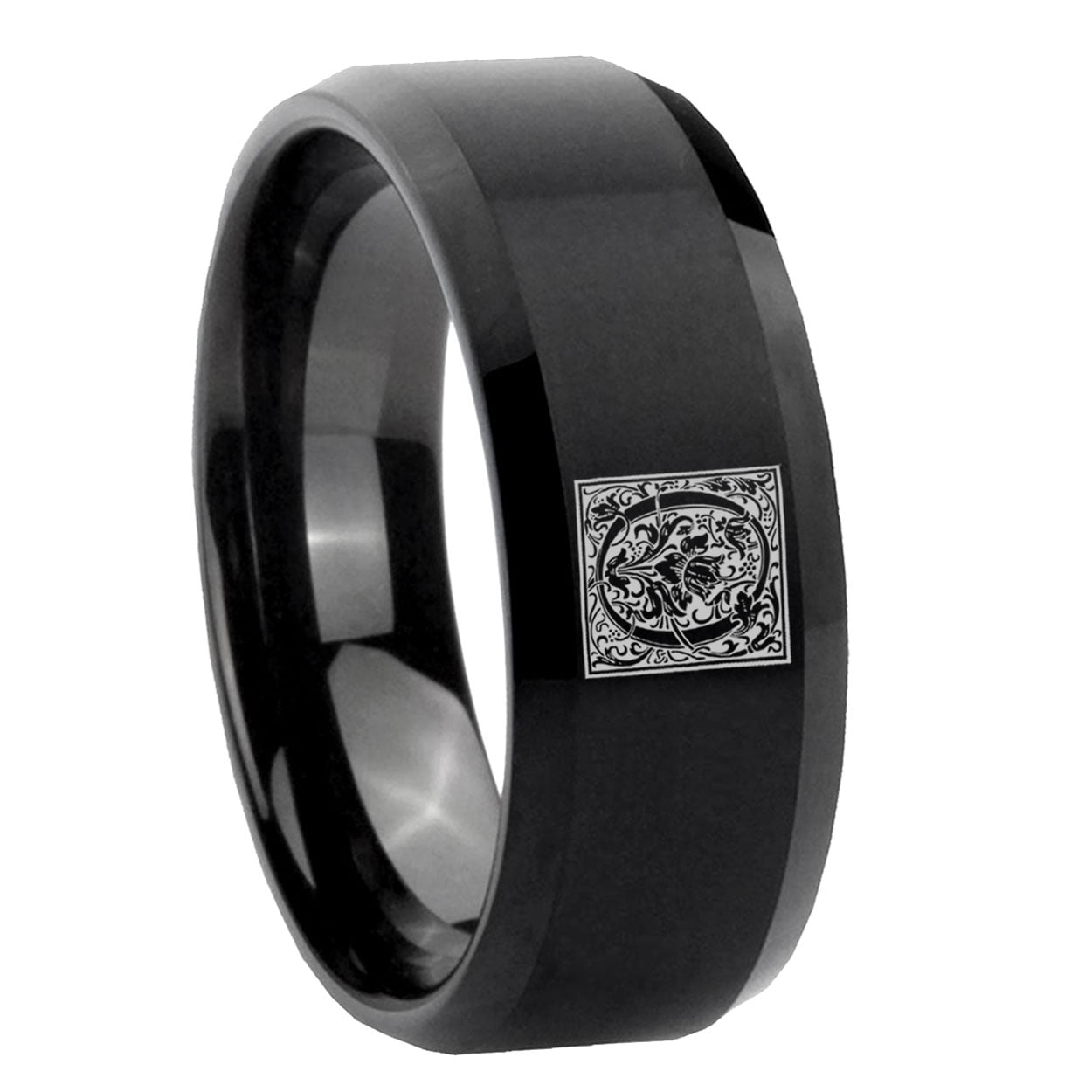 10mm Black Bevel Tungsten Floral Box Letter O Monogram Engraved Ring ...