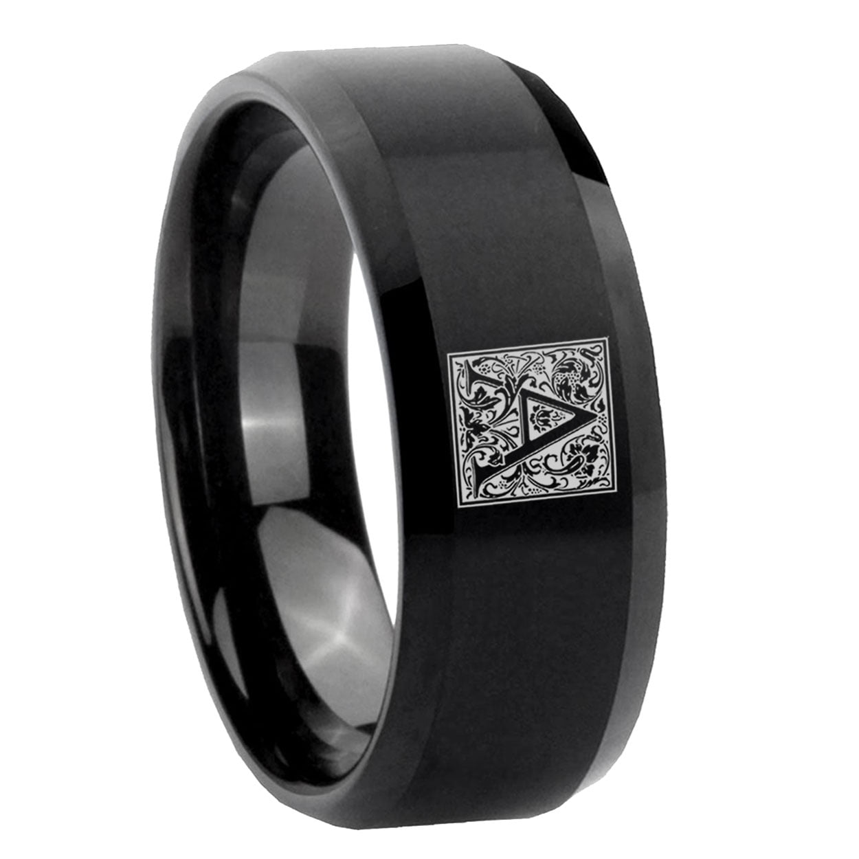 10mm Black Bevel Tungsten Floral Floral Box Letter A Monogram Engraved ...