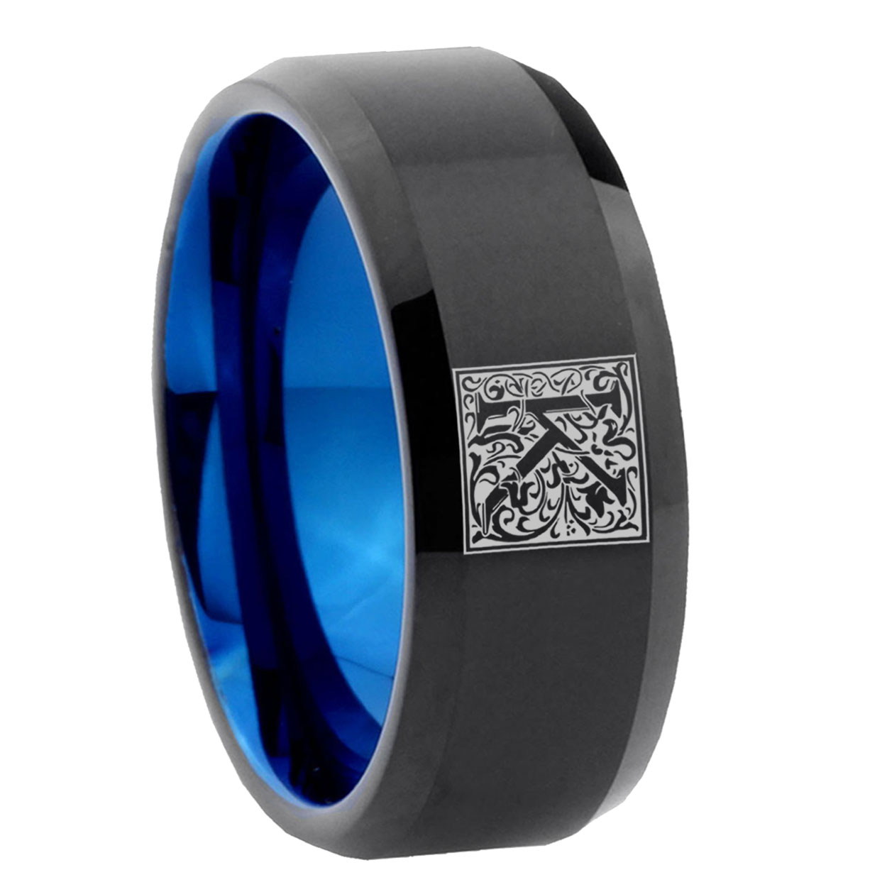 10mm Black Blue Bevel Tungsten Floral Box Letter K Monogram Engraved ...