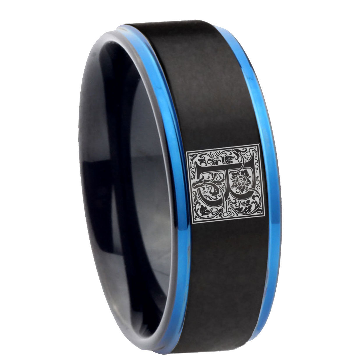 10mm Black Blue Step Tungsten Floral Box Letter B Monogram Engraved ...