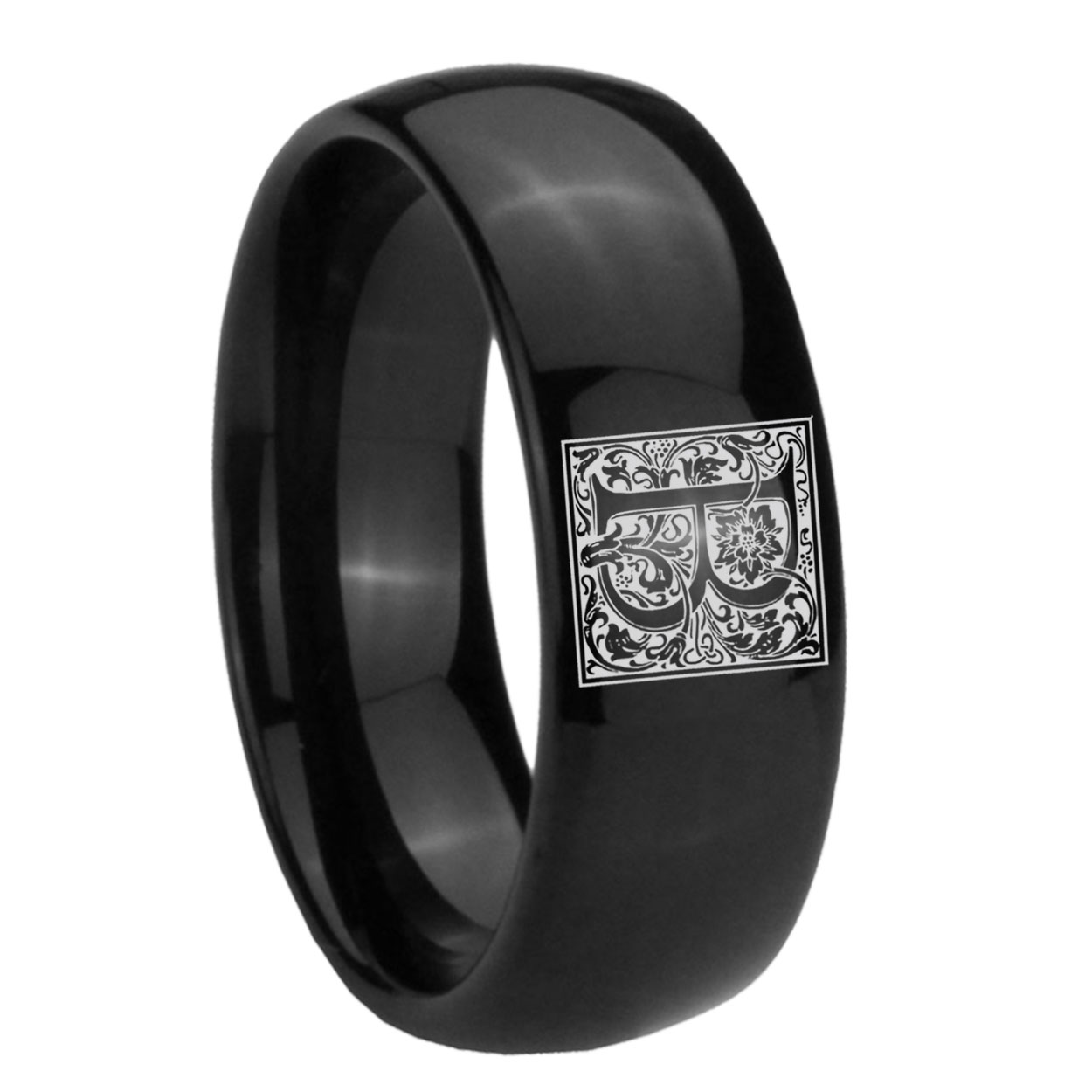 10mm Black Dome Tungsten Floral Box Letter B Monogram Engraved Ring ...