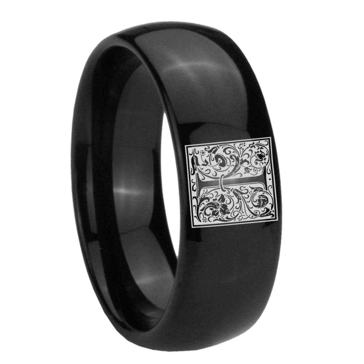 10mm Black Dome Tungsten Floral Box Letter I Monogram Engraved Ring ...