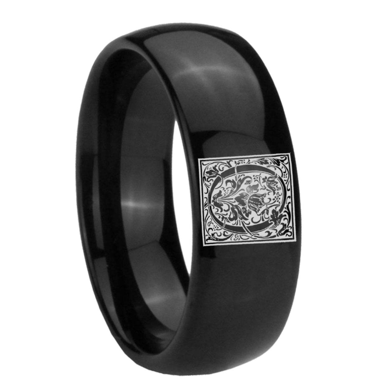10mm Black Dome Tungsten Floral Box Letter O Monogram Engraved Ring ...