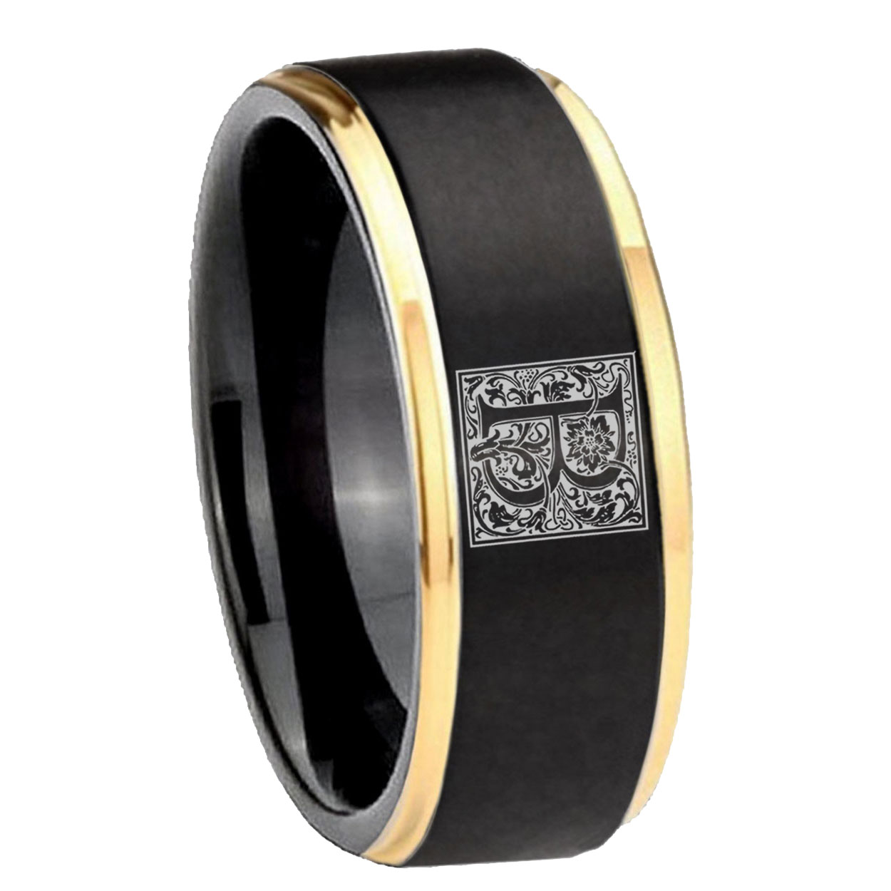 10mm Black Gold Step Tungsten Floral Box Letter B Monogram Engraved ...