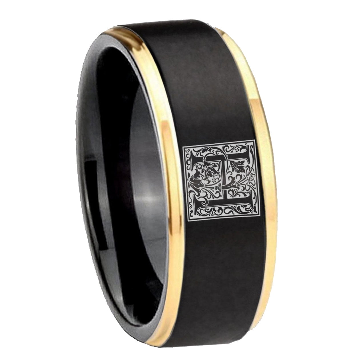 10mm Black Gold Step Tungsten Floral Box Letter H Monogram Engraved ...