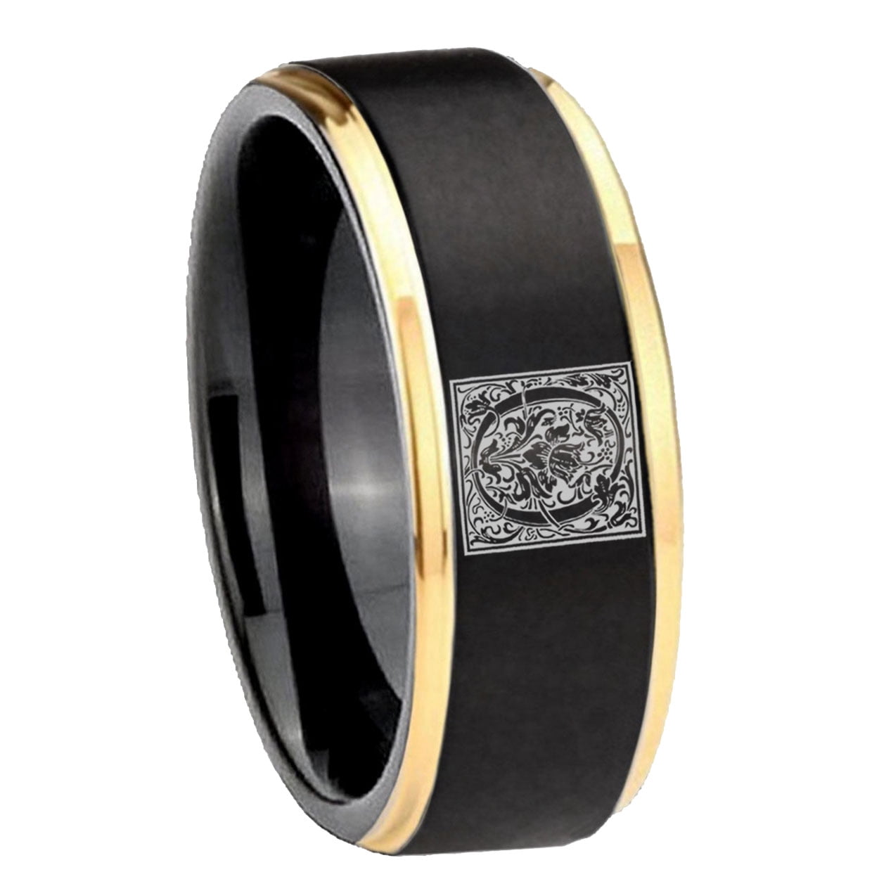 10mm Black Gold Step Tungsten Floral Box Letter O Monogram Engraved ...
