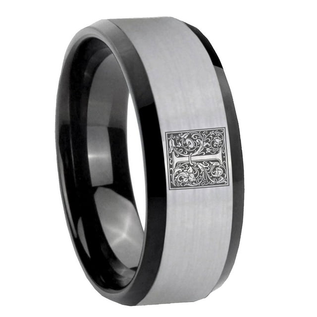 10mm Black Gray Bevel Tungsten Floral Box Letter I Monogram Engraved ...