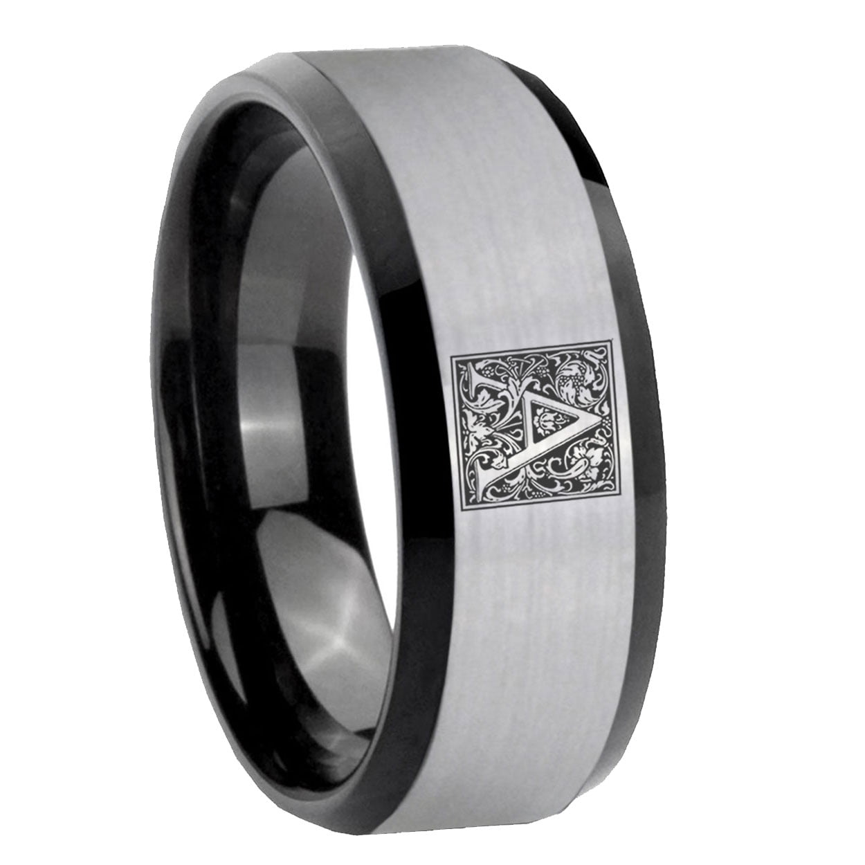 10mm Black Gray Bevel Tungsten Floral Floral Box Letter A Monogram ...