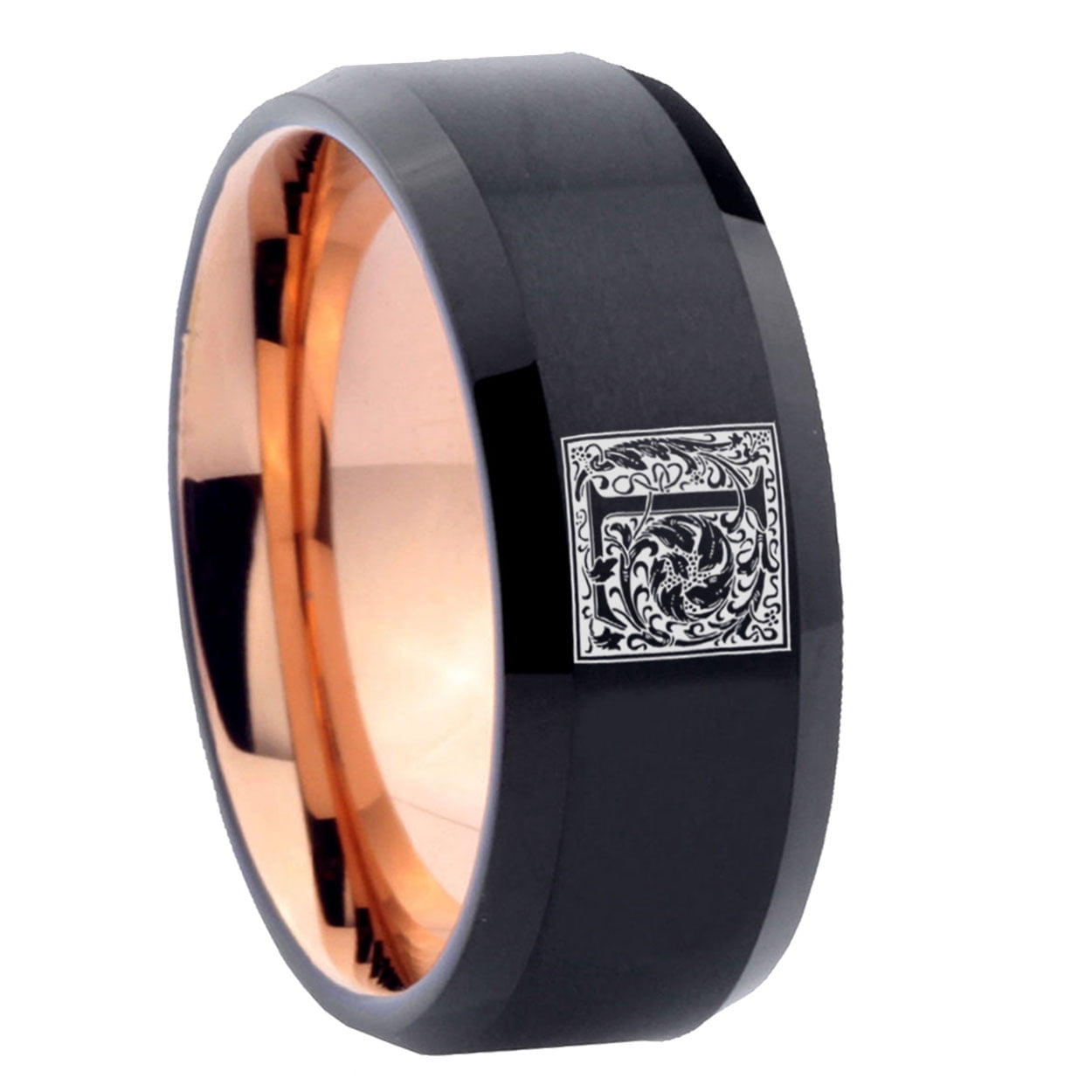 10mm Black Rose Bevel Tungsten Floral Box Letter L Monogram Engraved ...