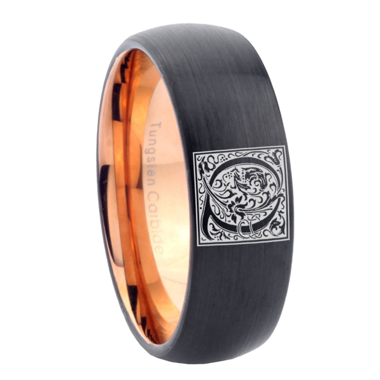 10mm Black Rose Dome Tungsten Floral Box Letter Q Monogram Engraved ...