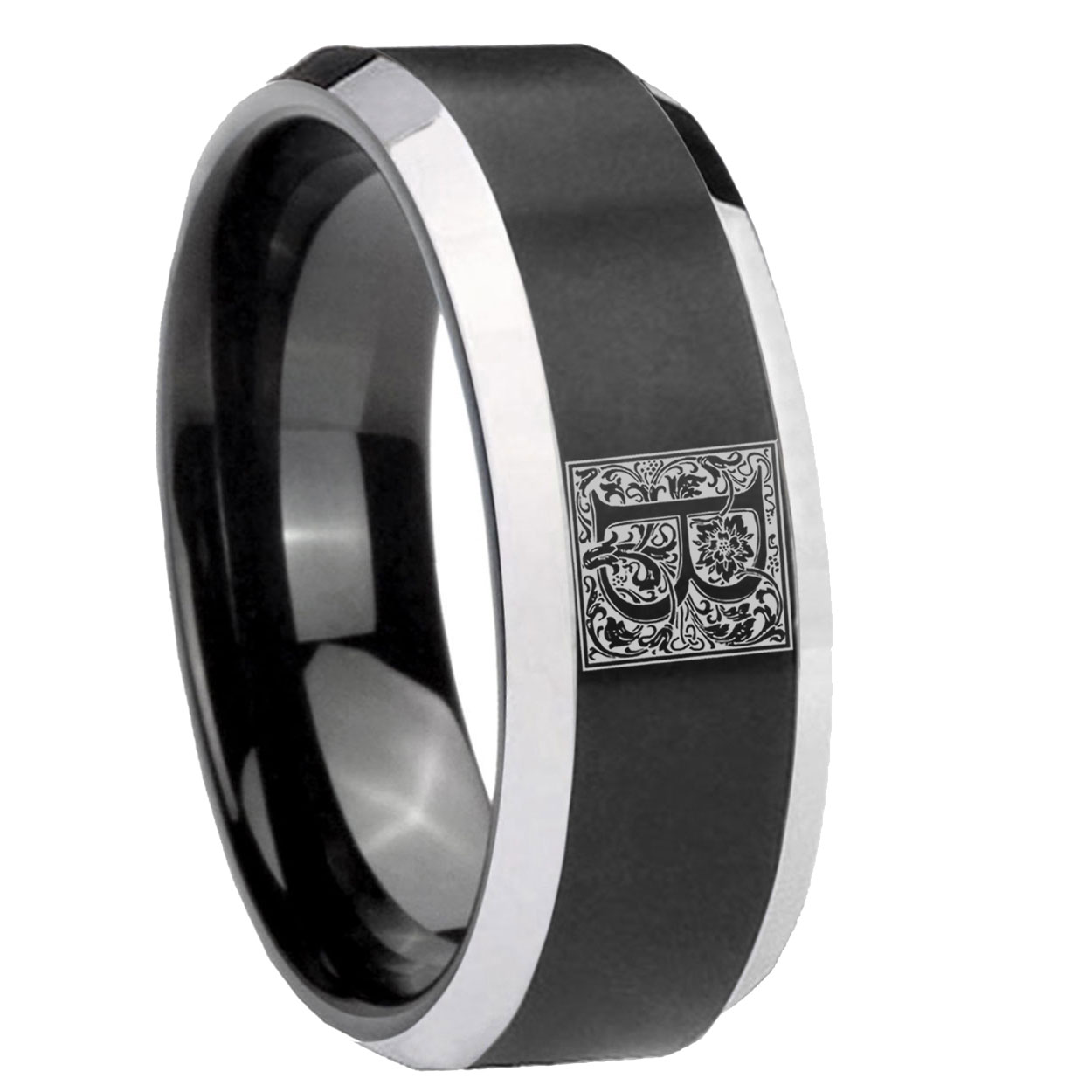 10mm Black Silver Bevel Tungsten Floral Box Letter B Monogram Engraved ...