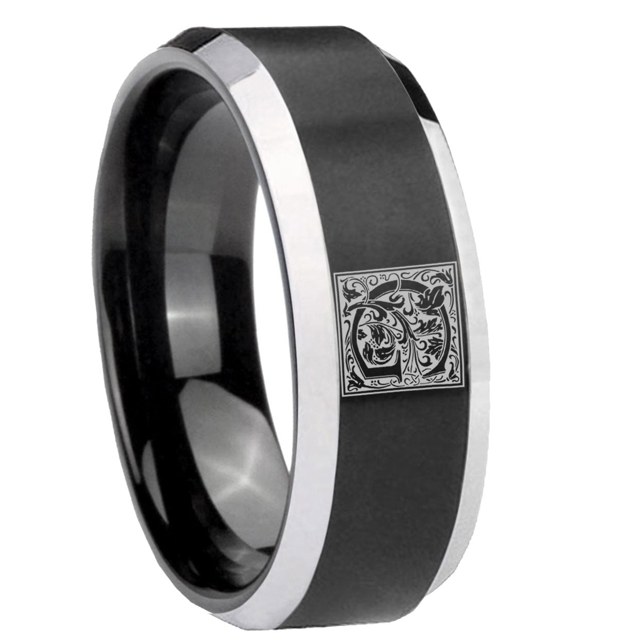 10mm Black Silver Bevel Tungsten Floral Box Letter G Monogram Engraved ...