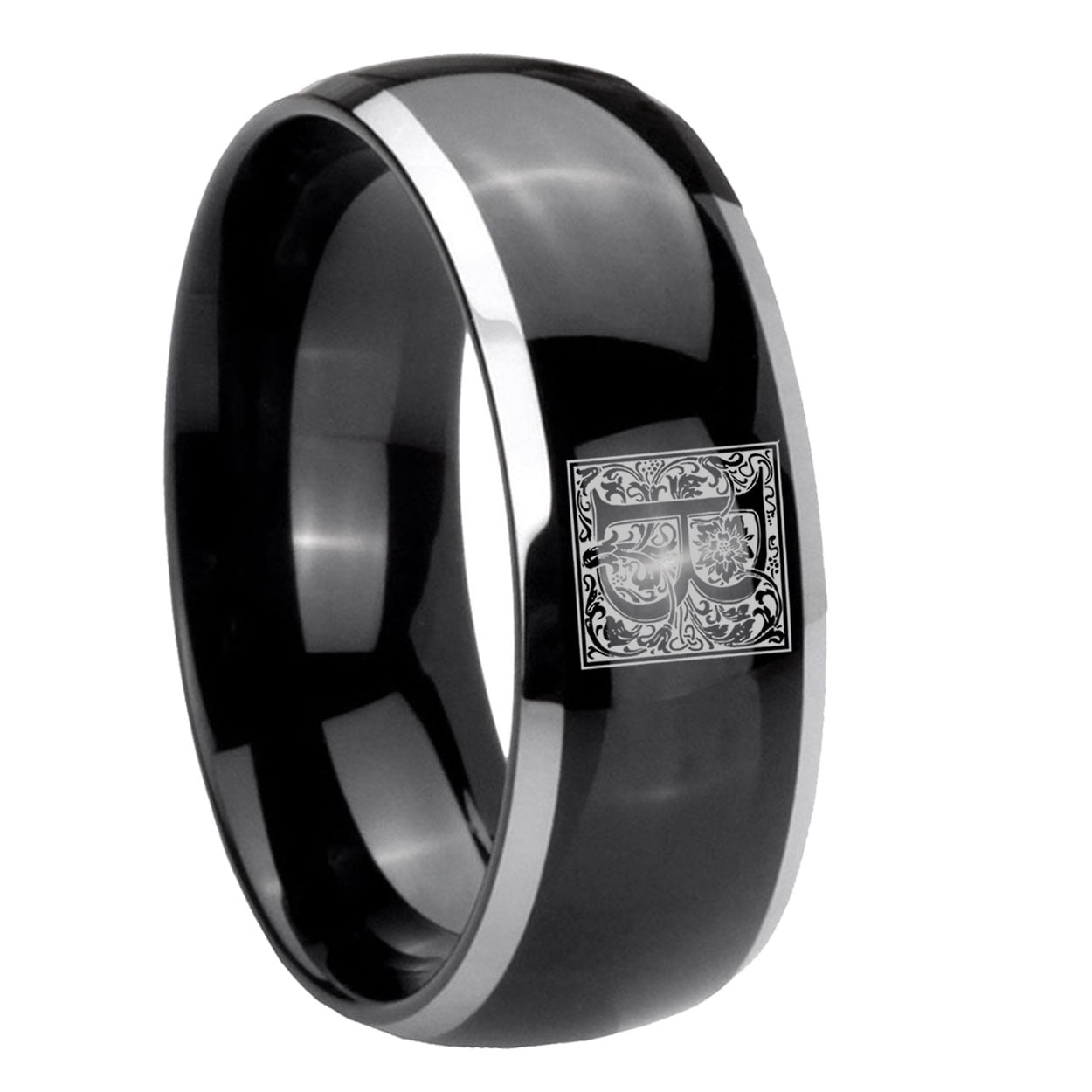 10mm Black Silver Dome Tungsten Floral Box Letter B Monogram Engraved ...