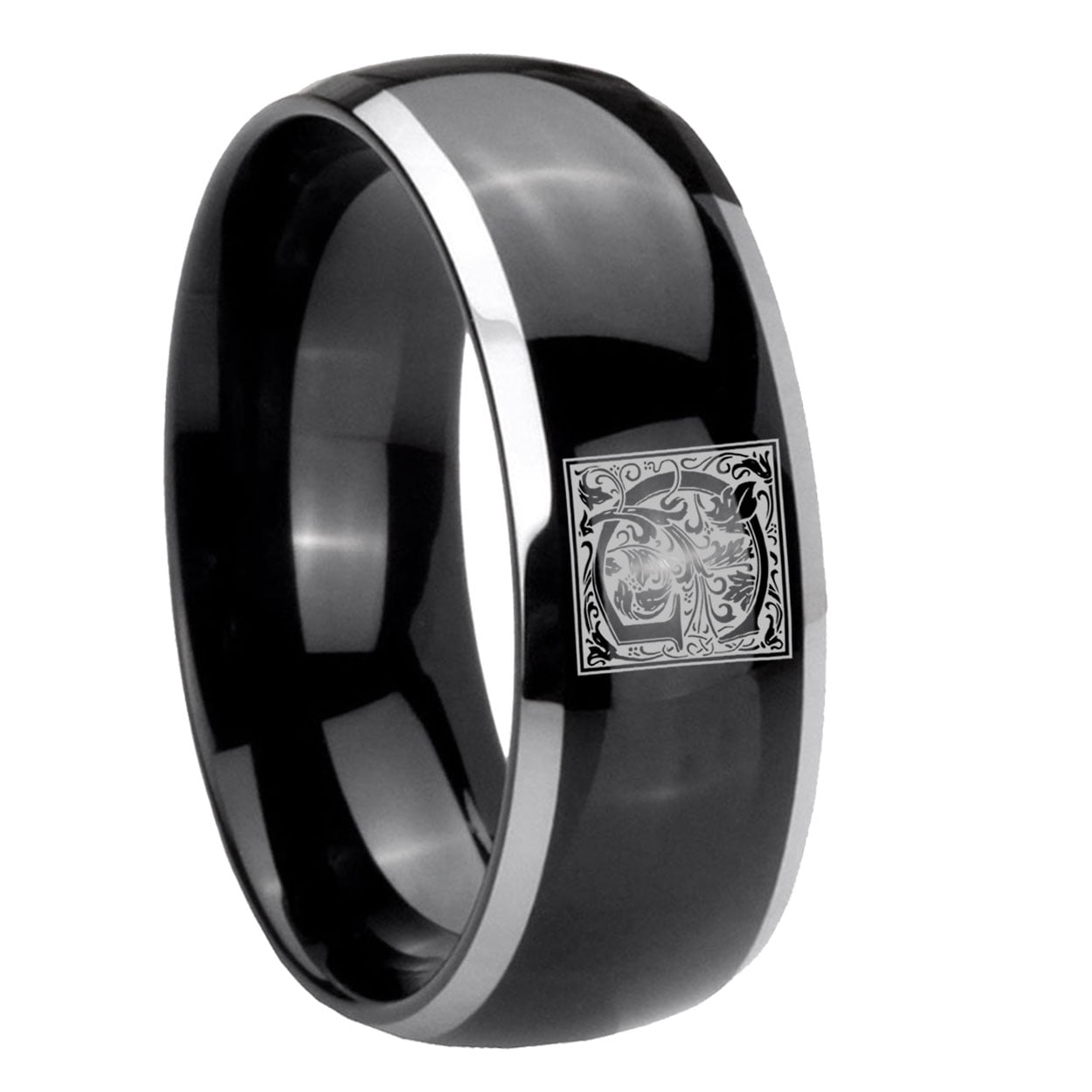 10mm Black Silver Dome Tungsten Floral Box Letter G Monogram Engraved ...