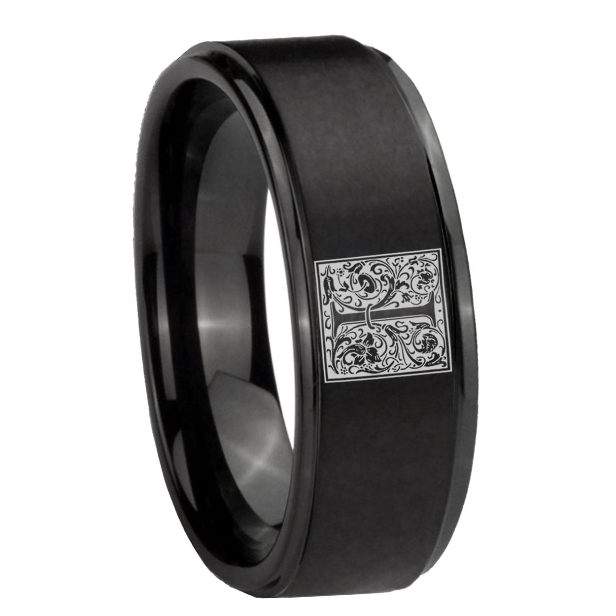 10mm Black Step Edge Tungsten Floral Box Letter I Monogram Engraved ...