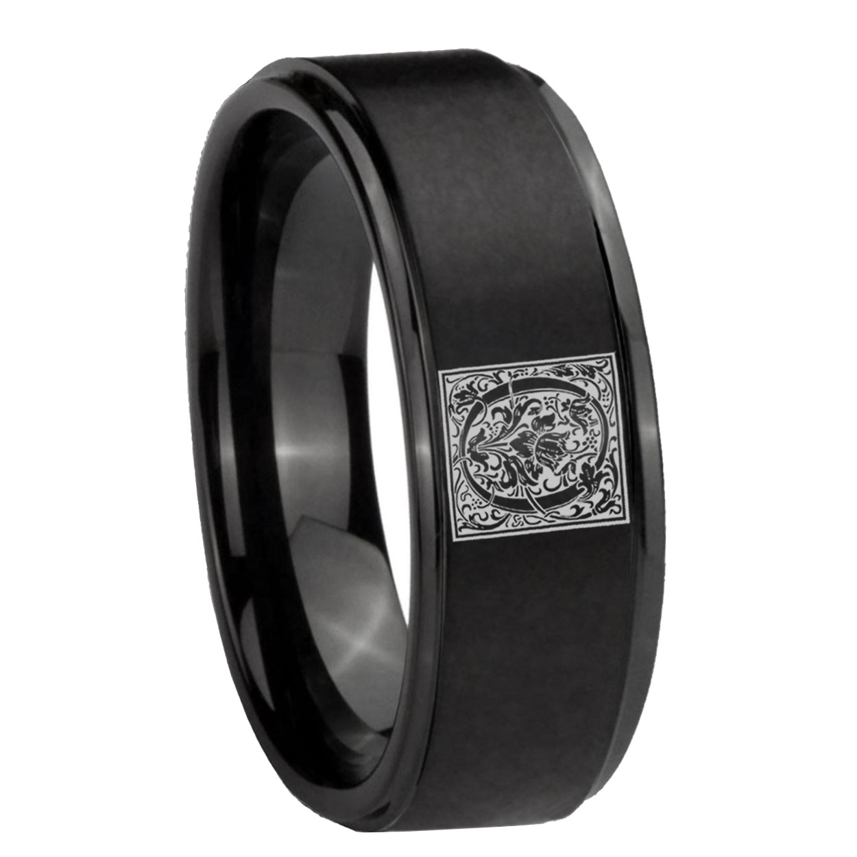 10mm Black Step Edge Tungsten Floral Box Letter O Monogram Engraved ...