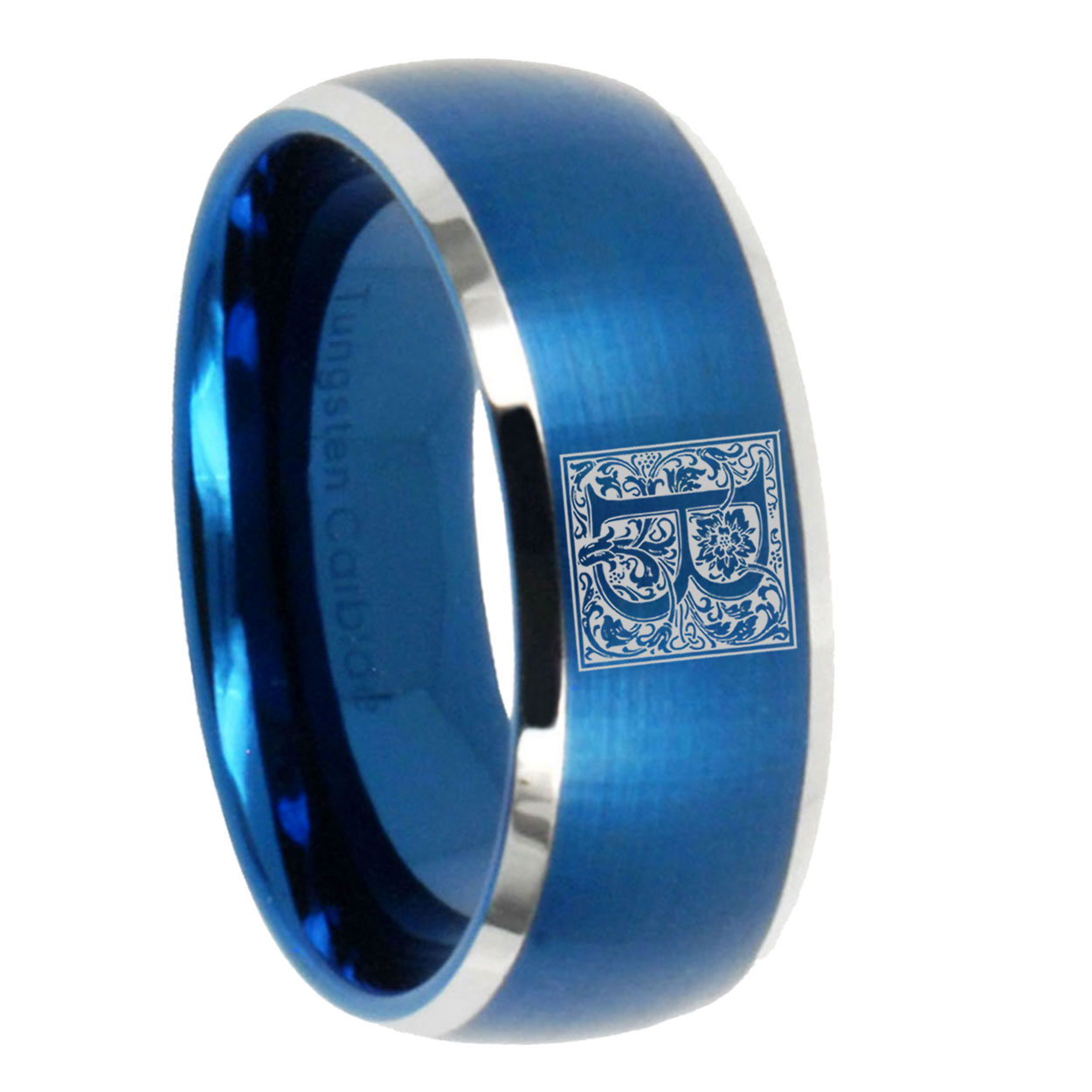 10mm Blue Dome Tungsten Floral Box Letter B Monogram Engraved Ring ...