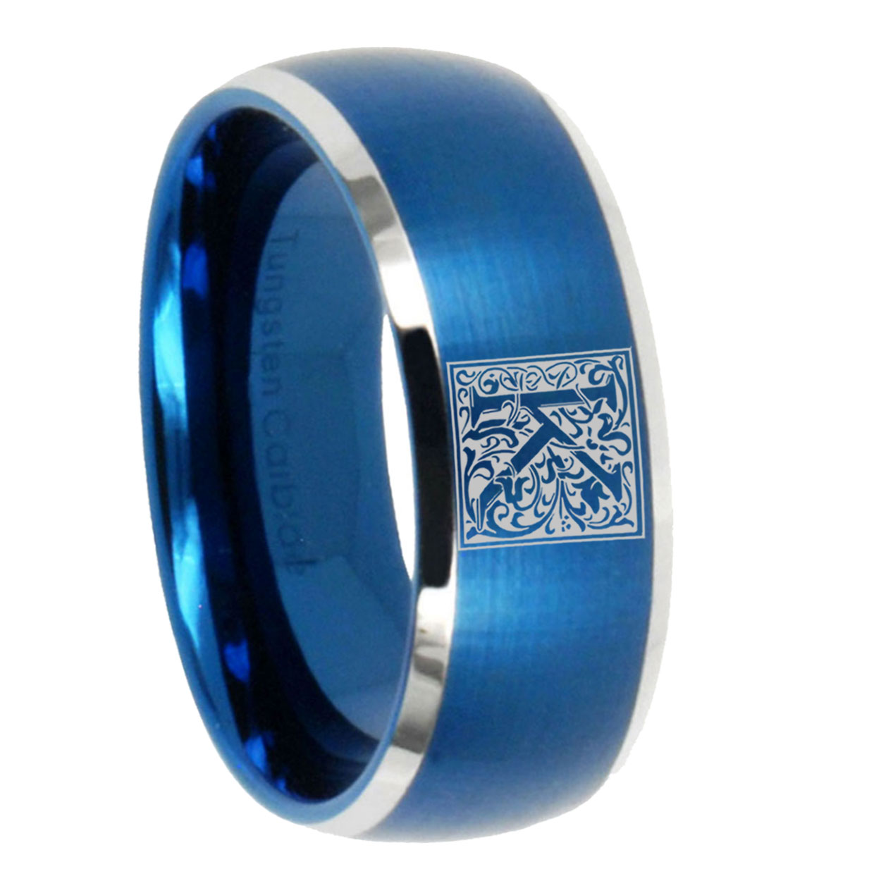 10mm Blue Dome Tungsten Floral Box Letter K Monogram Engraved Ring ...