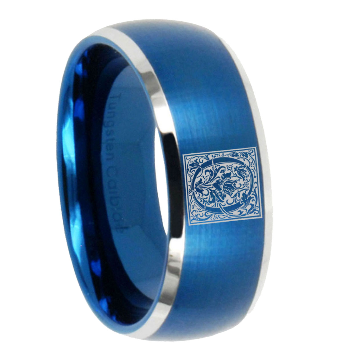 10mm Blue Dome Tungsten Floral Box Letter O Monogram Engraved Ring ...