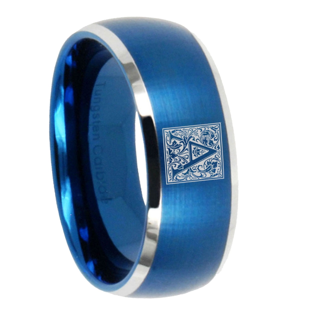 10mm Blue Dome Tungsten Floral Floral Box Letter A Monogram Engraved ...