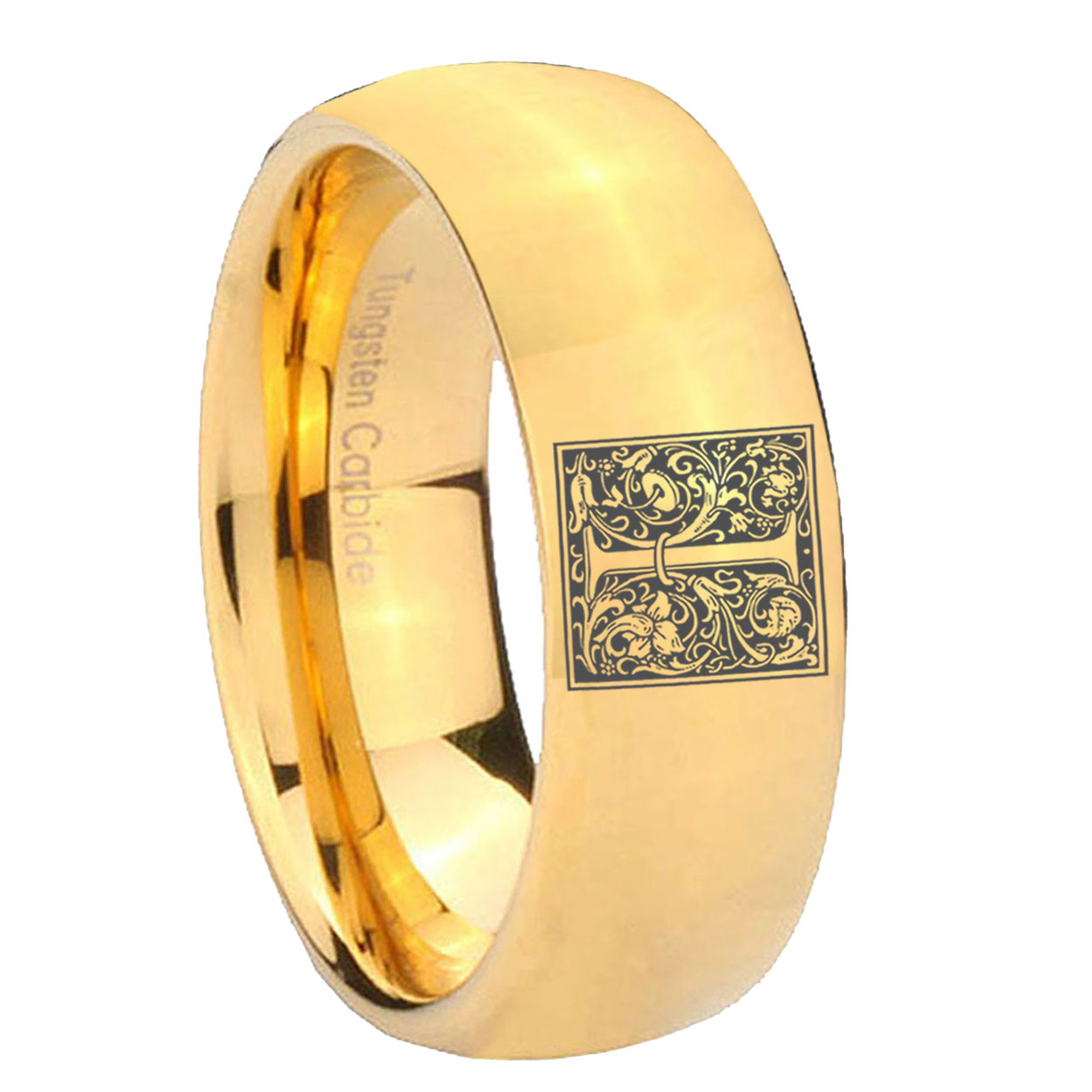 10mm Gold Dome Tungsten Floral Box Letter I Monogram Engraved Ring ...
