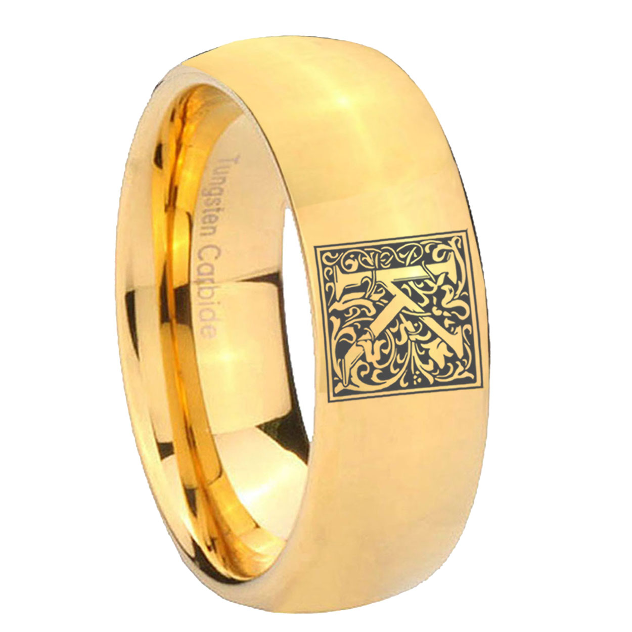 10mm Gold Dome Tungsten Floral Box Letter K Monogram Engraved Ring ...