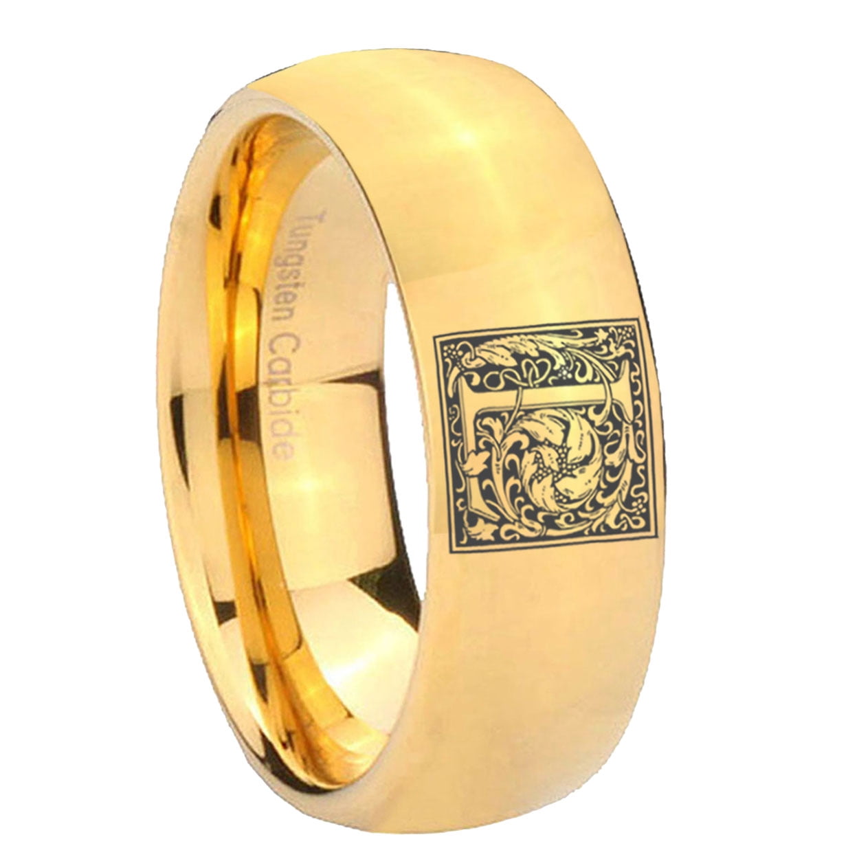 10mm Gold Dome Tungsten Floral Box Letter L Monogram Engraved Ring ...