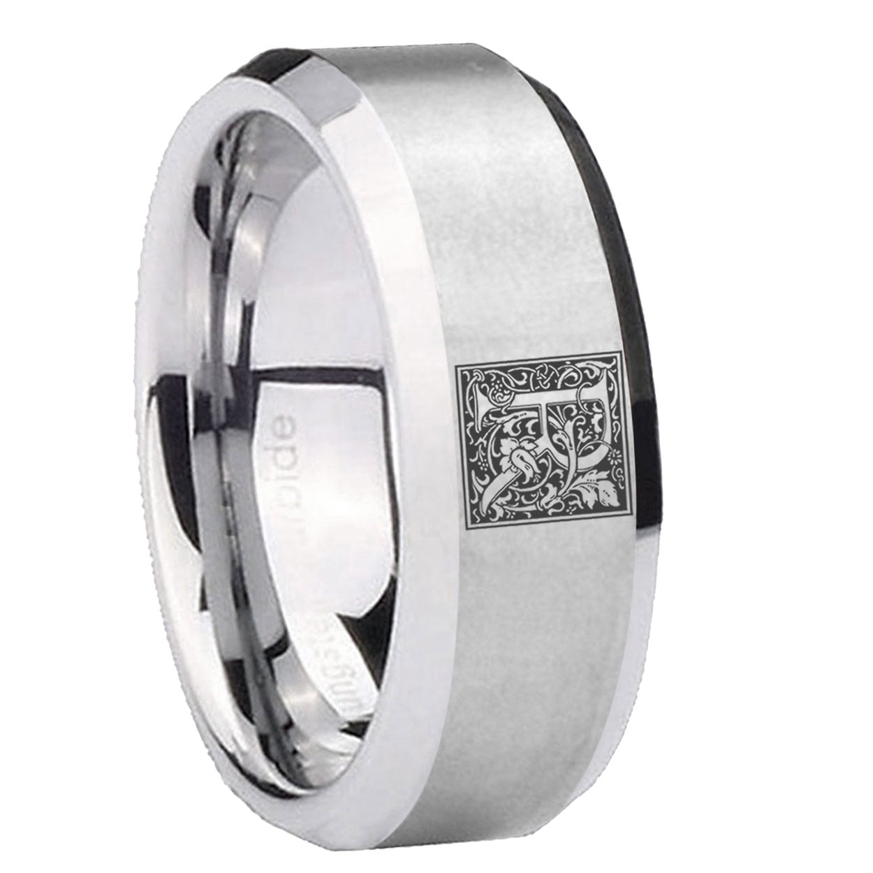 10mm Gray Bevel Tungsten Floral Box Letter R Monogram Engraved Ring ...