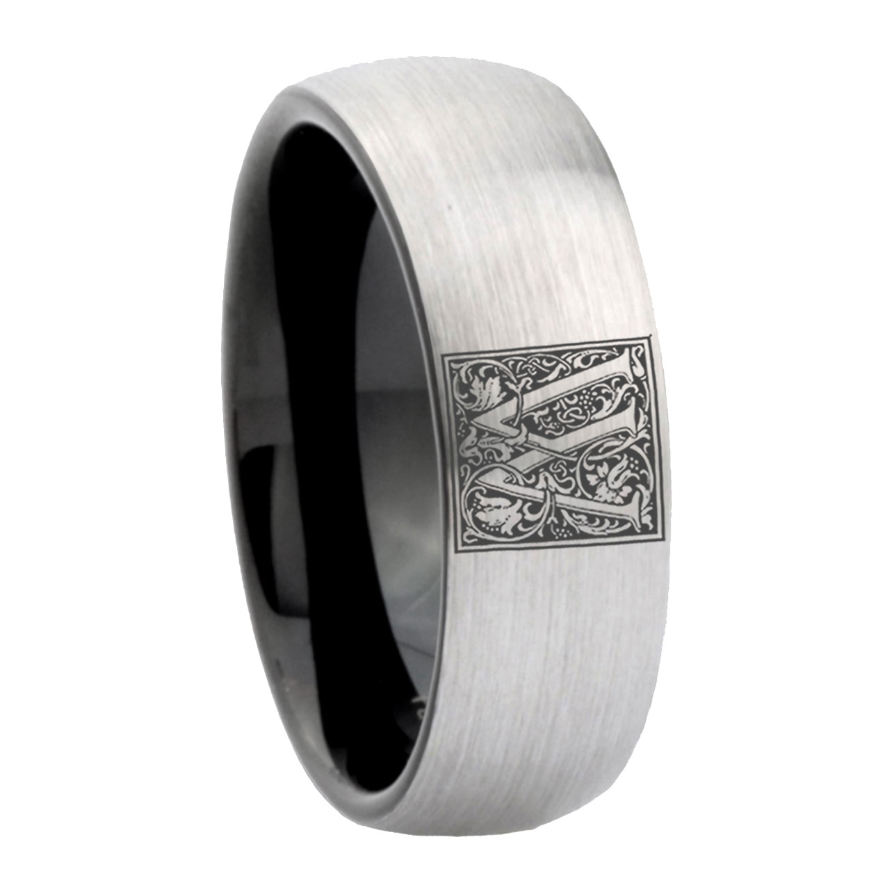 10mm Gray Black Dome Tungsten Floral Box Letter W Monogram Engraved ...