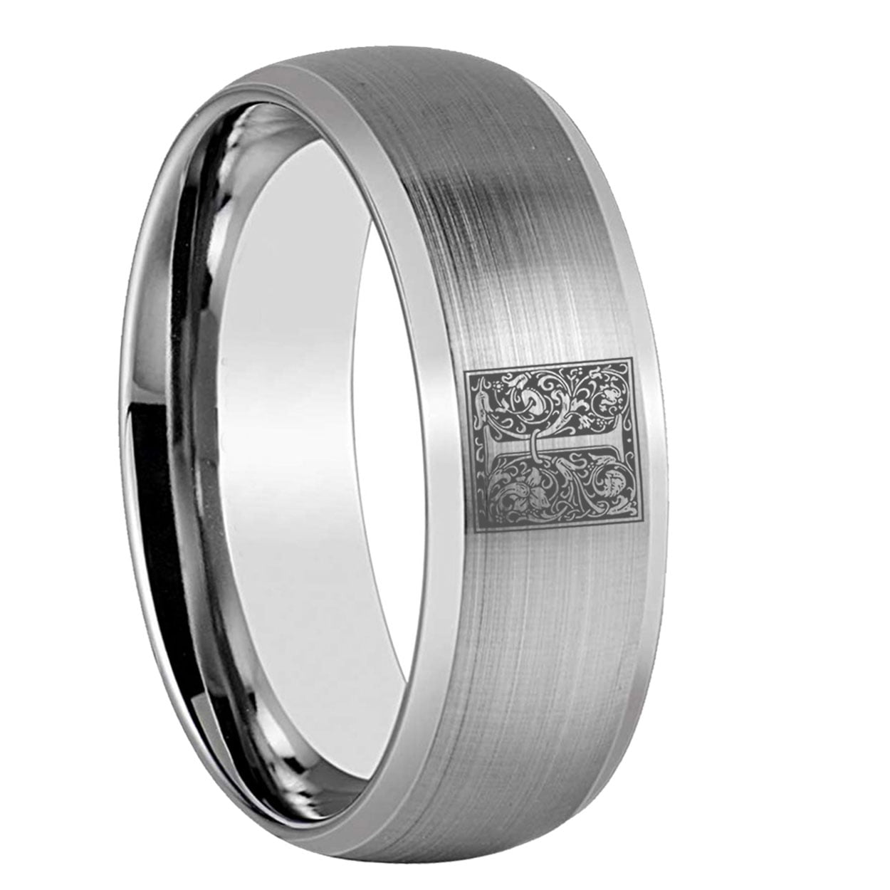 10mm Gray Dome Tungsten Floral Box Letter I Monogram Engraved Ring ...