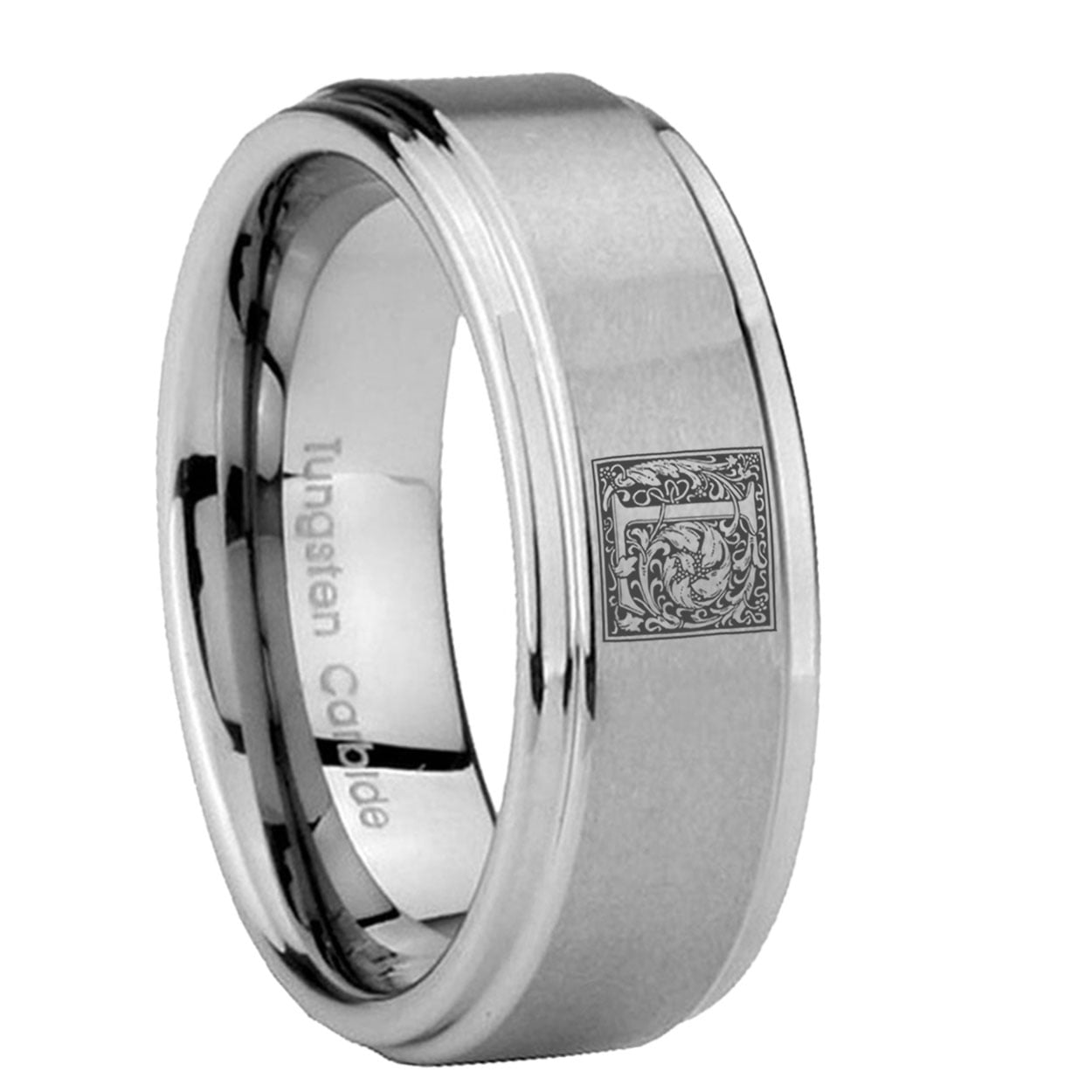10mm Gray Step Edge Tungsten Floral Box Letter L Monogram Engraved Ring ...