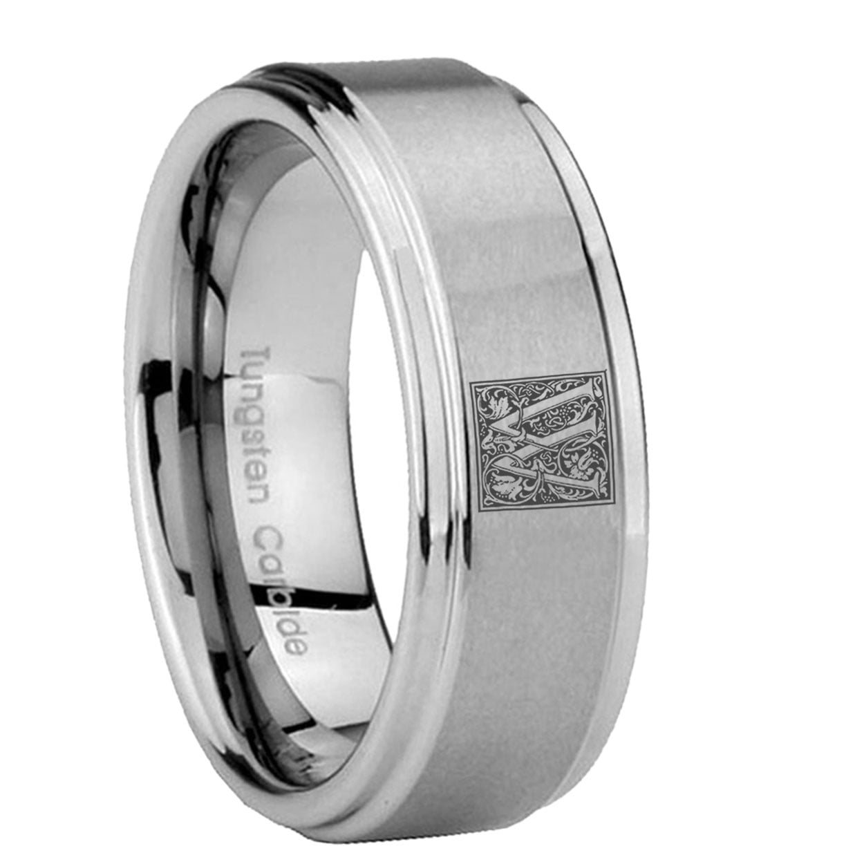10mm Gray Step Edge Tungsten Floral Box Letter W Monogram Engraved Ring ...