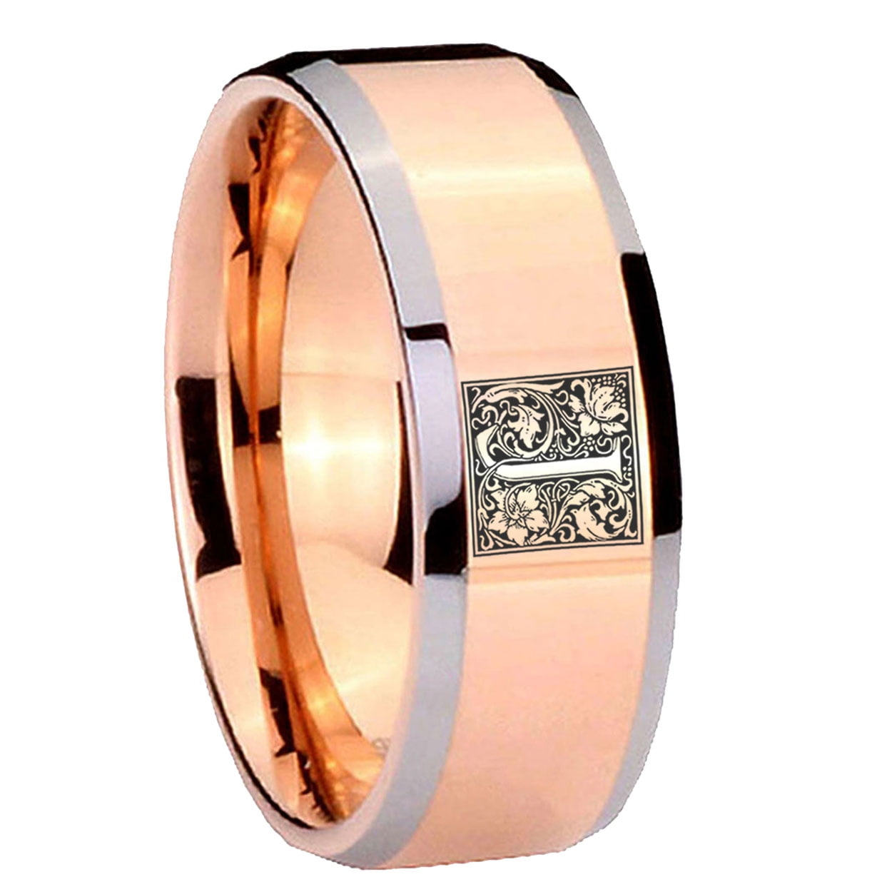 10mm Rose Gold Bevel Tungsten Floral Box Letter J Monogram Engraved ...