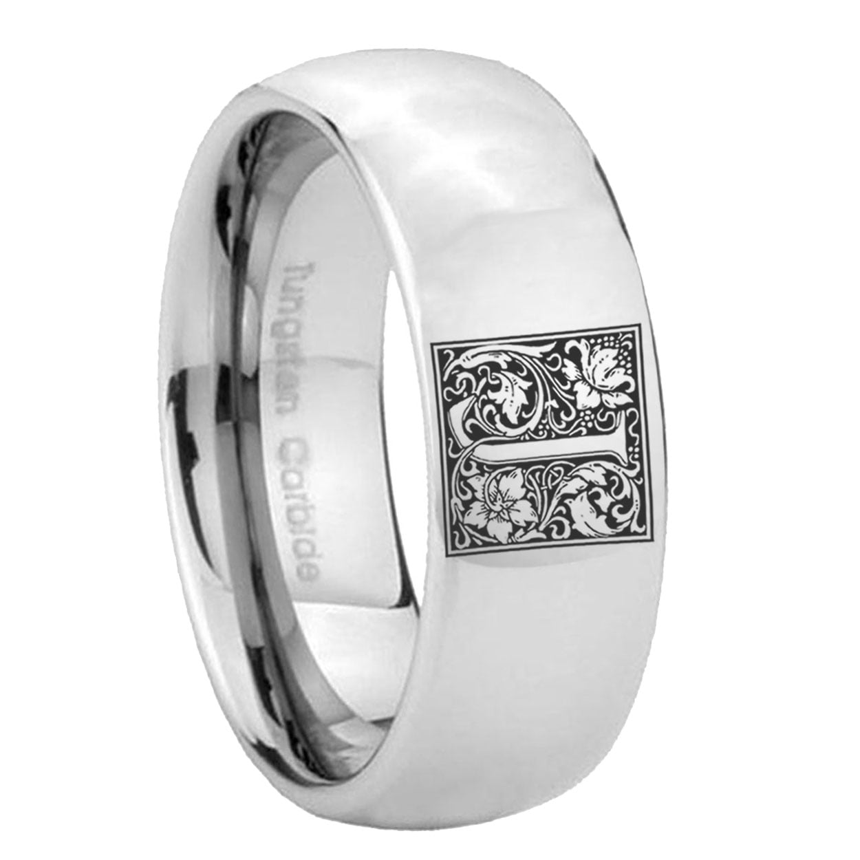 10mm Silver Dome Tungsten Floral Box Letter J Monogram Engraved Ring ...