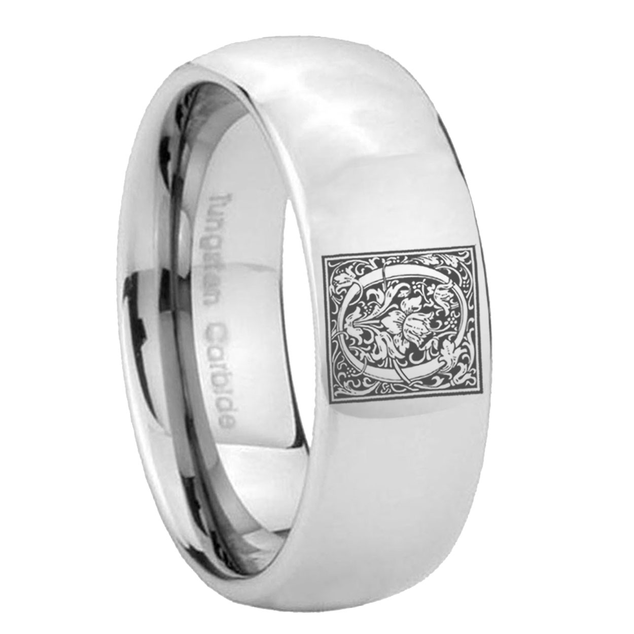 10mm Silver Dome Tungsten Floral Box Letter O Monogram Engraved Ring ...