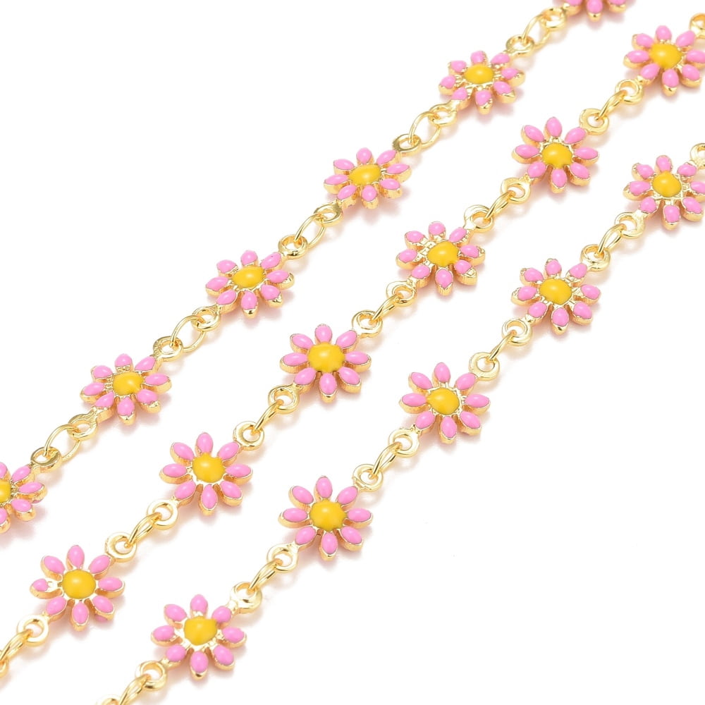 10ms Brass Daisy Flower & Oval Link Chains with Enamel & Spool Soldered ...