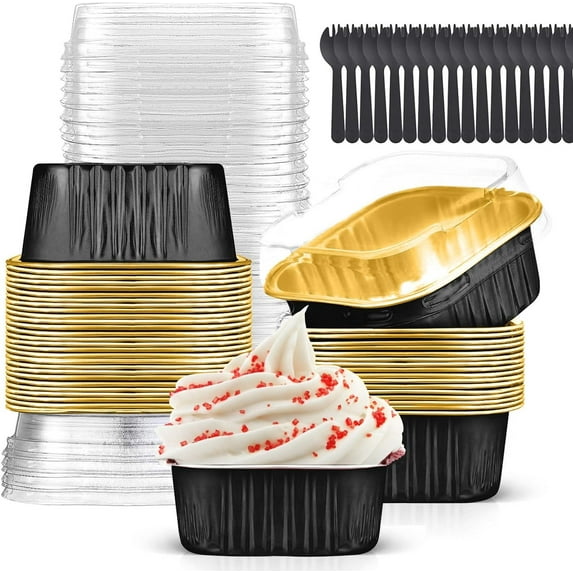 10oz Mini Cake Pans with Lids (40 Pack) Aluminum Foil Square Cupcake Liners Brownie Baking Cups ...