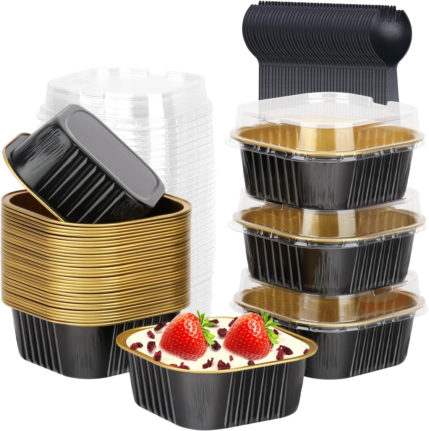 10oz Mini Cake Pans With Lids 40 Pack, Aluminum Foil Square Cupcake ...