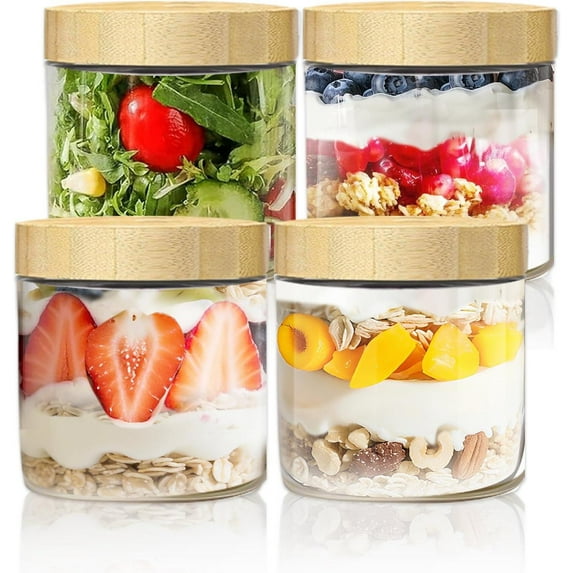 10oz Overnight Oats Containers with Bamboo Lids, Glass Jars with Airtight Lids, Wide Mouth Mason ...
