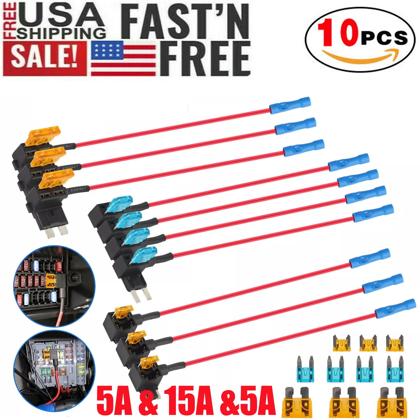 10pc 12V Car Add-a-Circuit Fuse Adapter w/ Standard & Mini Tap Fuse ...