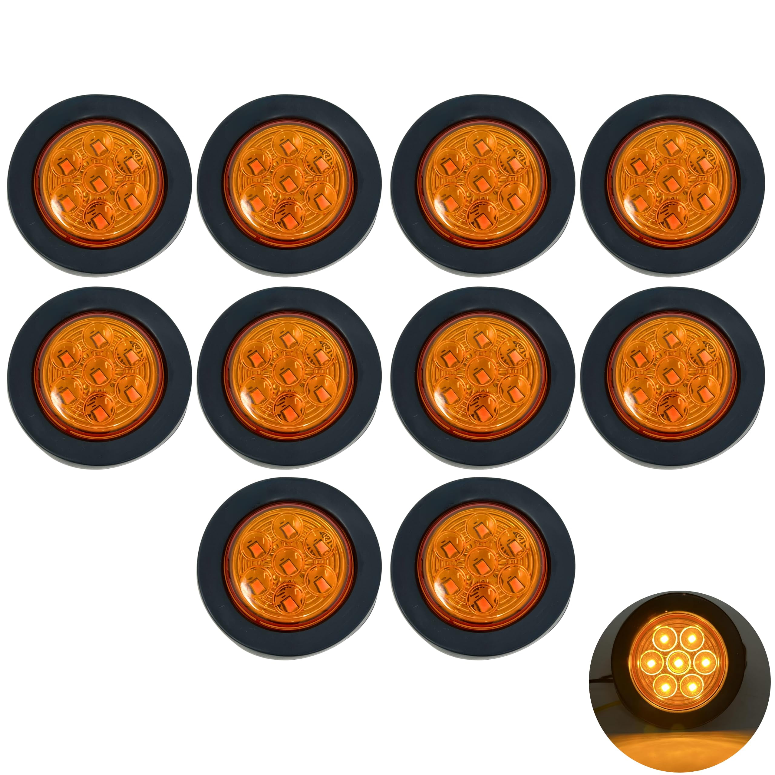 10pc 2" Amber Round Trailer 7 LED Clearance Marker Lights [DOT FMVSS ...