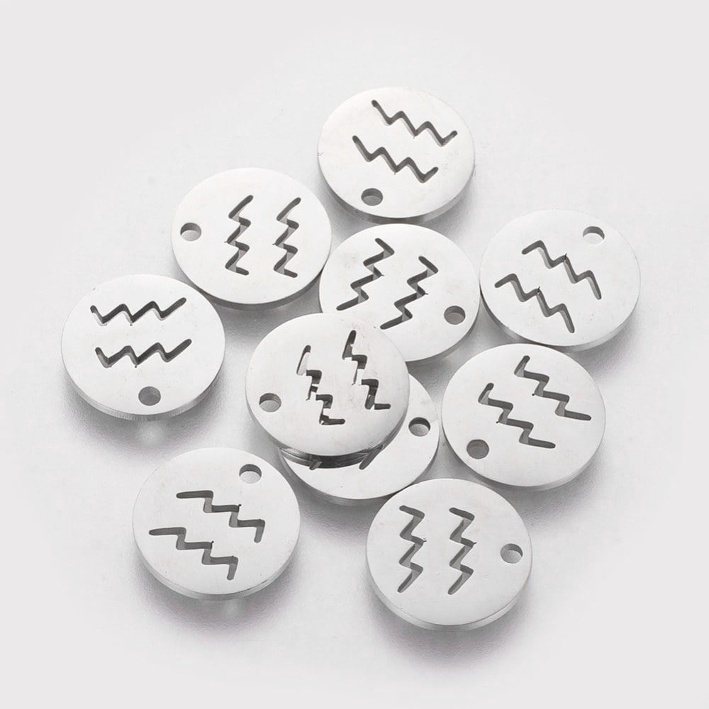 10pc 304 Stainless Steel Charms Flat Round with Constellation/Zodiac ...