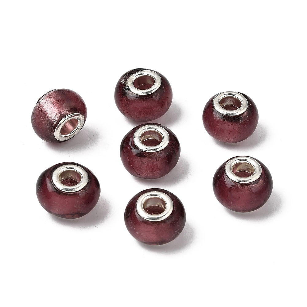 10pc Handmade Silver Foil Glass European Beads with Silver Color Plated ...