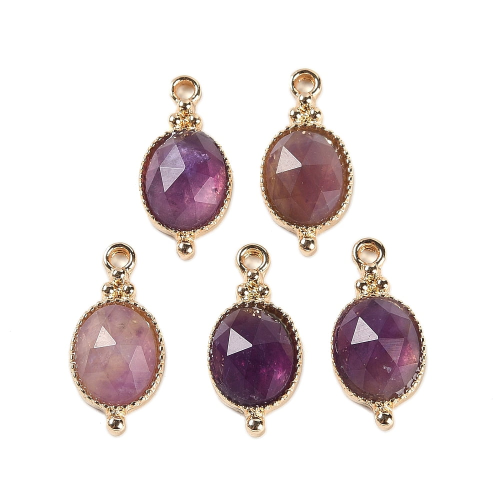10pc Natural Amethyst Faceted Pendans Golden Plated Brass Oval Charms ...